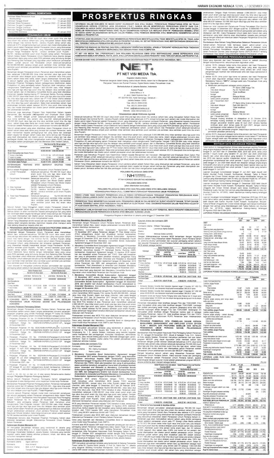 Prospektus Net Visi Media Tbk 27 Desember 2021 - Dataindonesia.id