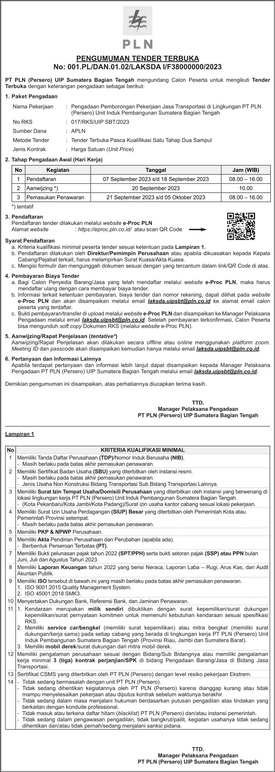 Pengumuman Tender Pekerjaan Jasa Transportasi PLN Sumbagteng ...