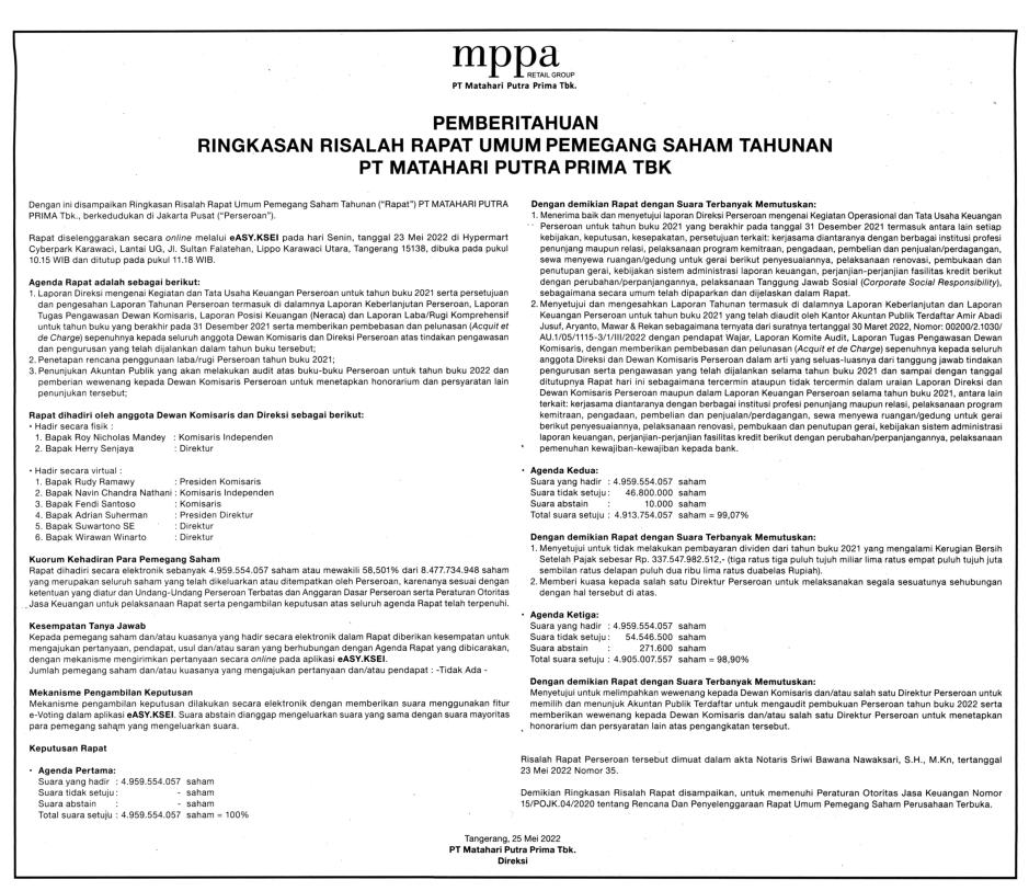 Hasil RUPS Matahari Putra Prima Tbk (MPPA) 25 Mei 2022 - Dataindonesia.id