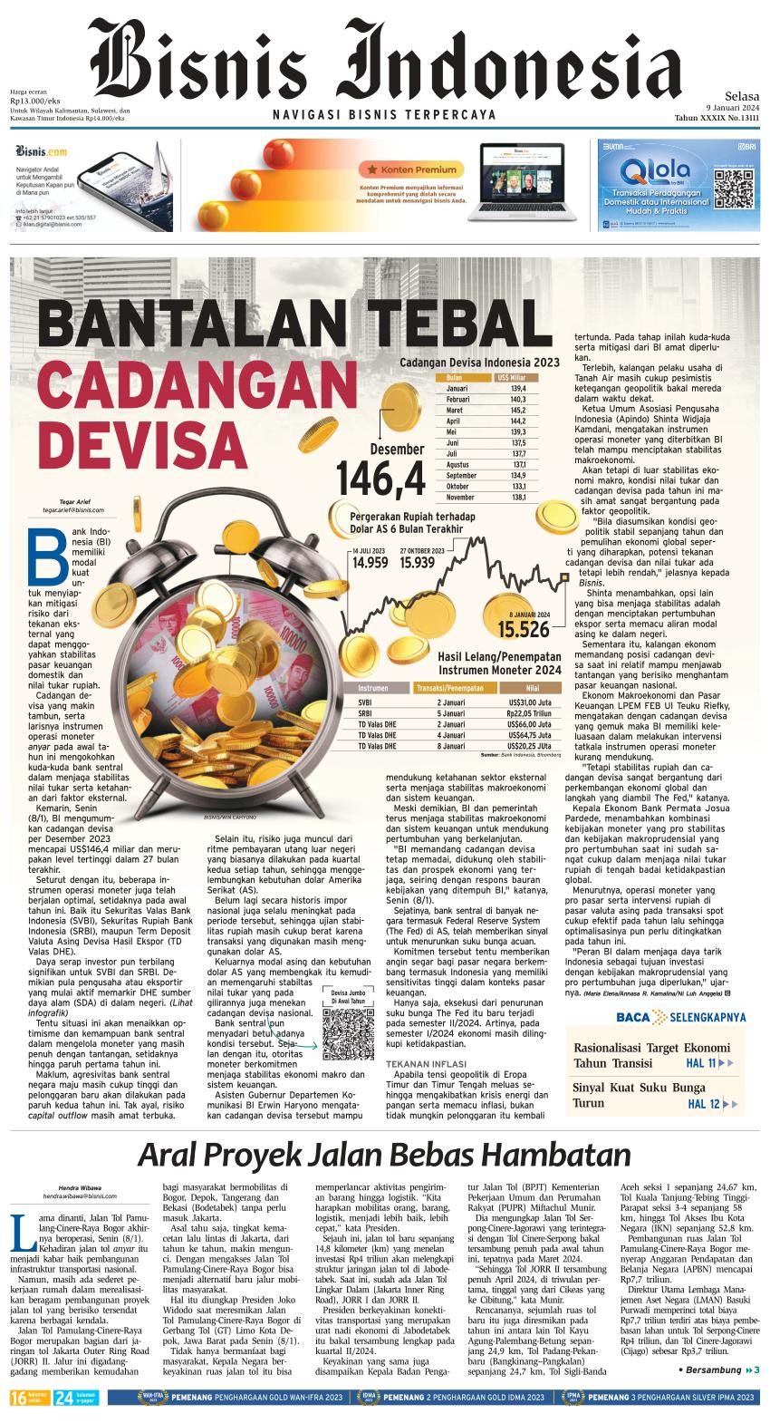 Daftar Judul Berita Koran Bisnis Indonesia Edisi 09 Januari 2024 - Dataindonesia.id