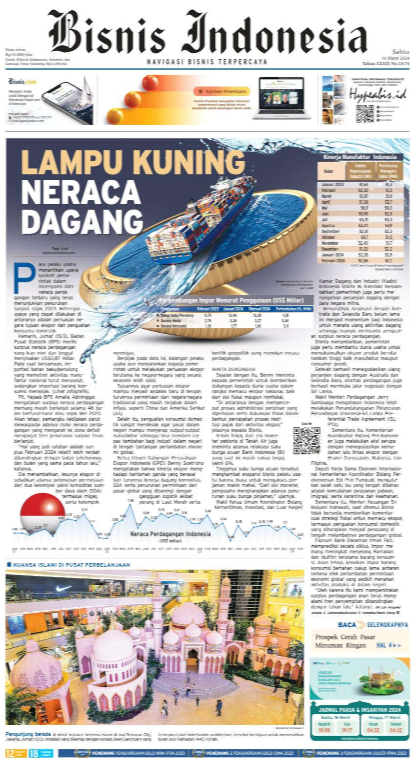 Daftar Judul Berita Koran Bisnis Indonesia Edisi 16 Maret 2024 - Dataindonesia.id