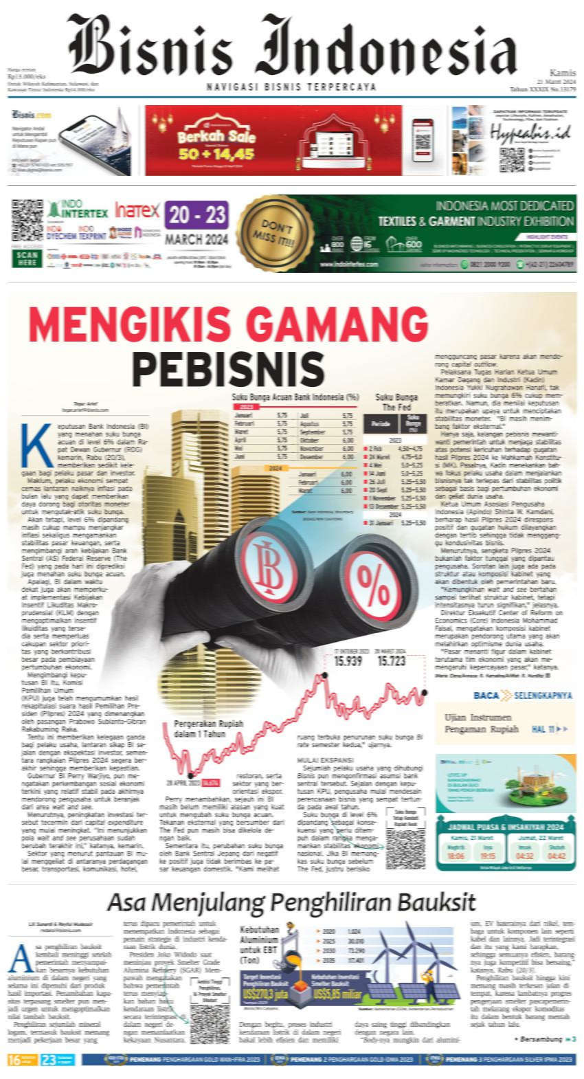 Daftar Judul Berita Koran Bisnis Indonesia Edisi 21 Maret 2024 - Dataindonesia.id