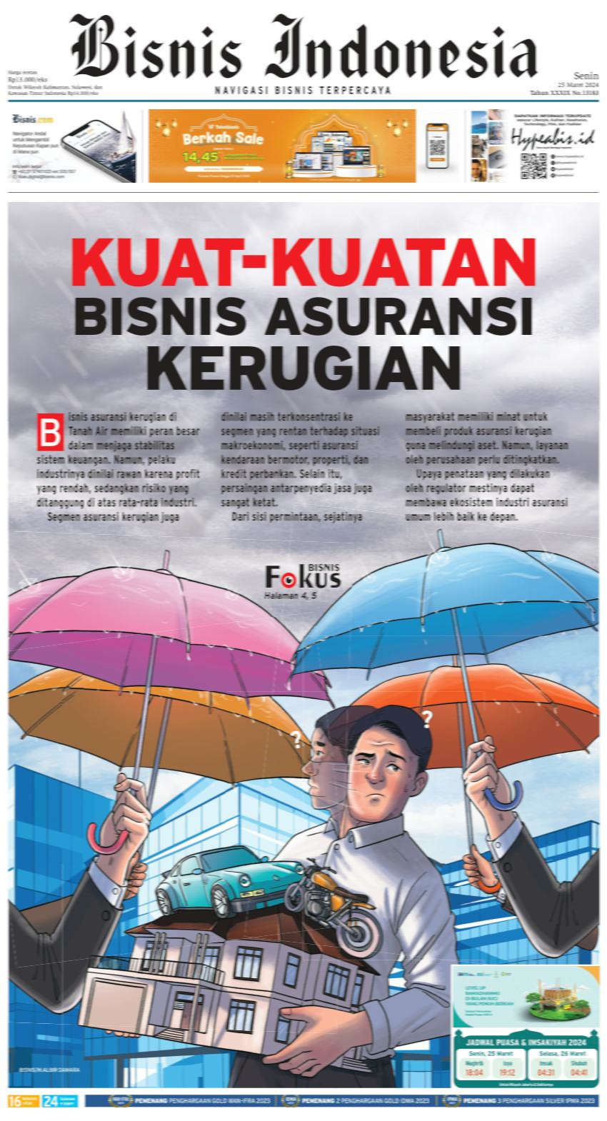 Daftar Judul Berita Koran Bisnis Indonesia Edisi 25 Maret 2024 - Dataindonesia.id