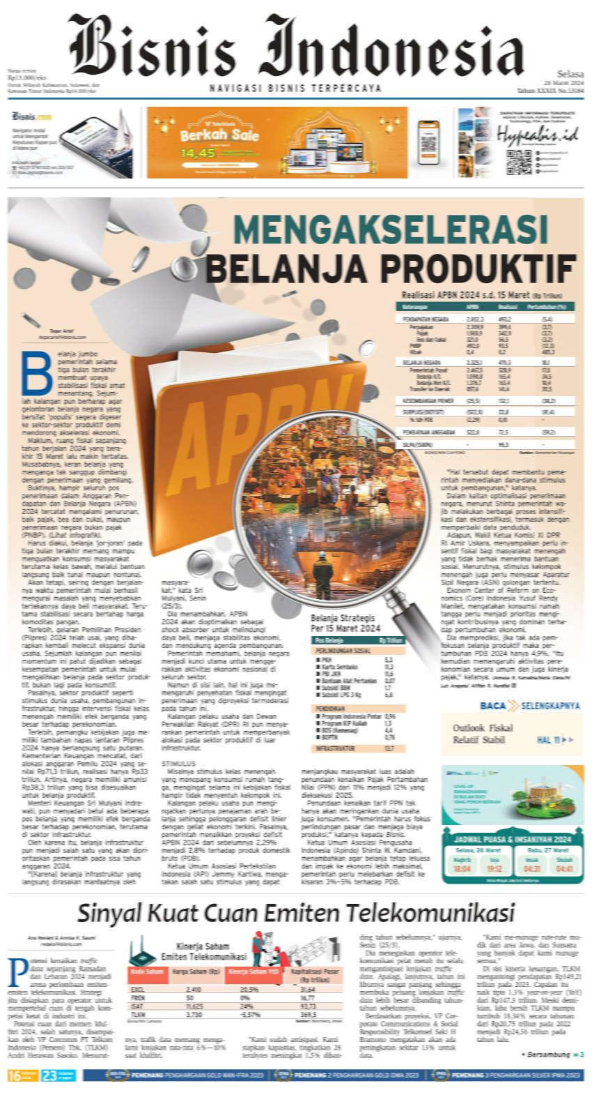 Daftar Judul Berita Koran Bisnis Indonesia Edisi 26 Maret 2024 - Dataindonesia.id