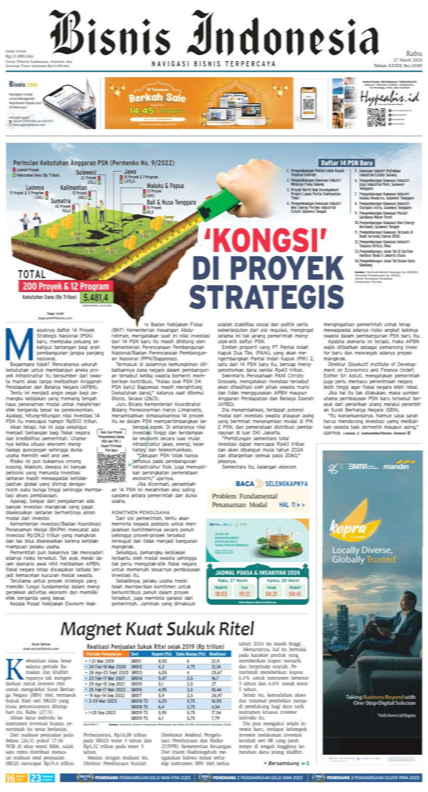 Daftar Judul Berita Koran Bisnis Indonesia Edisi 27 Maret 2024 - Dataindonesia.id