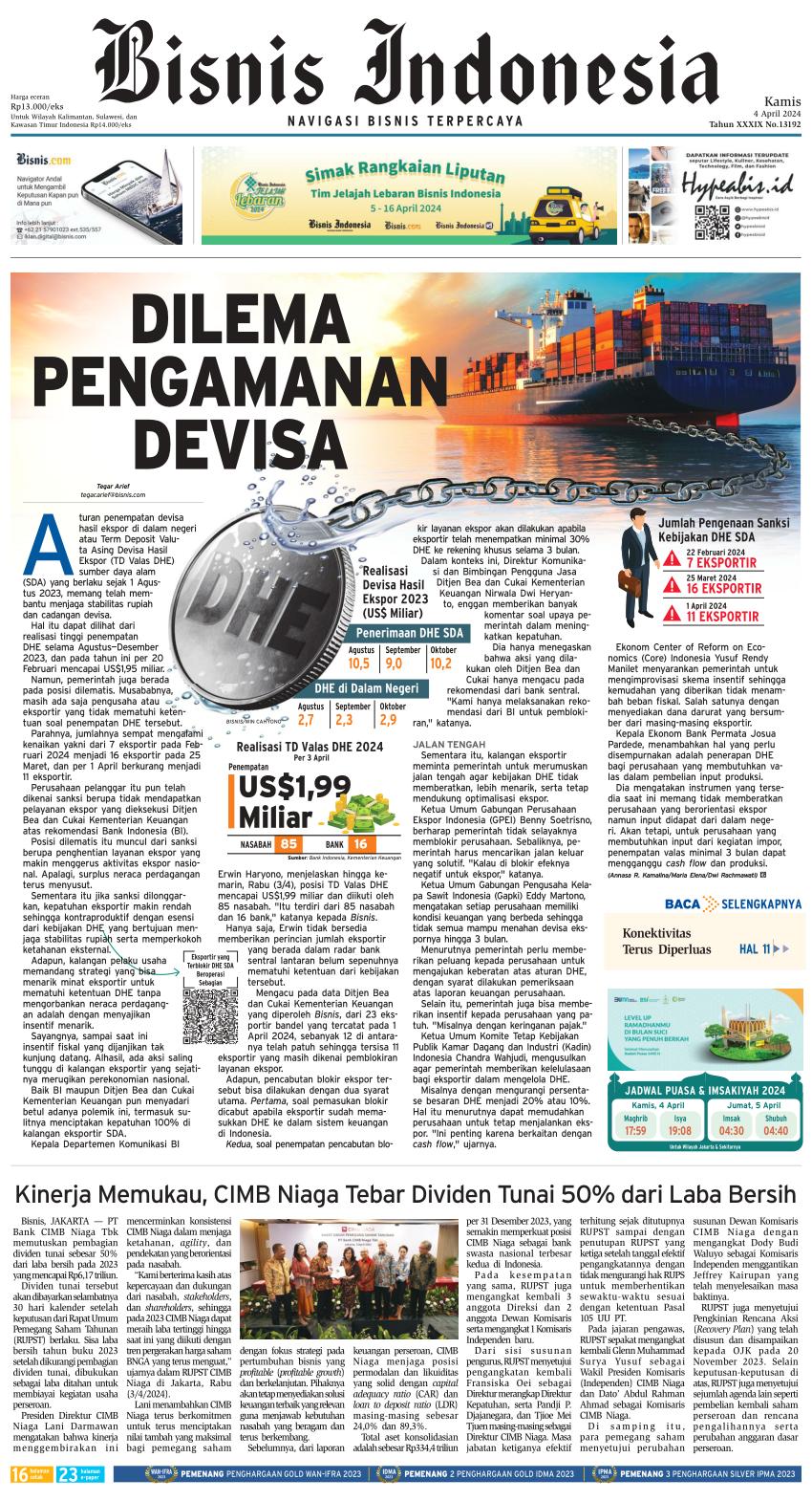 Daftar Judul Berita Koran Bisnis Indonesia Edisi 04 April 2024 - Dataindonesia.id