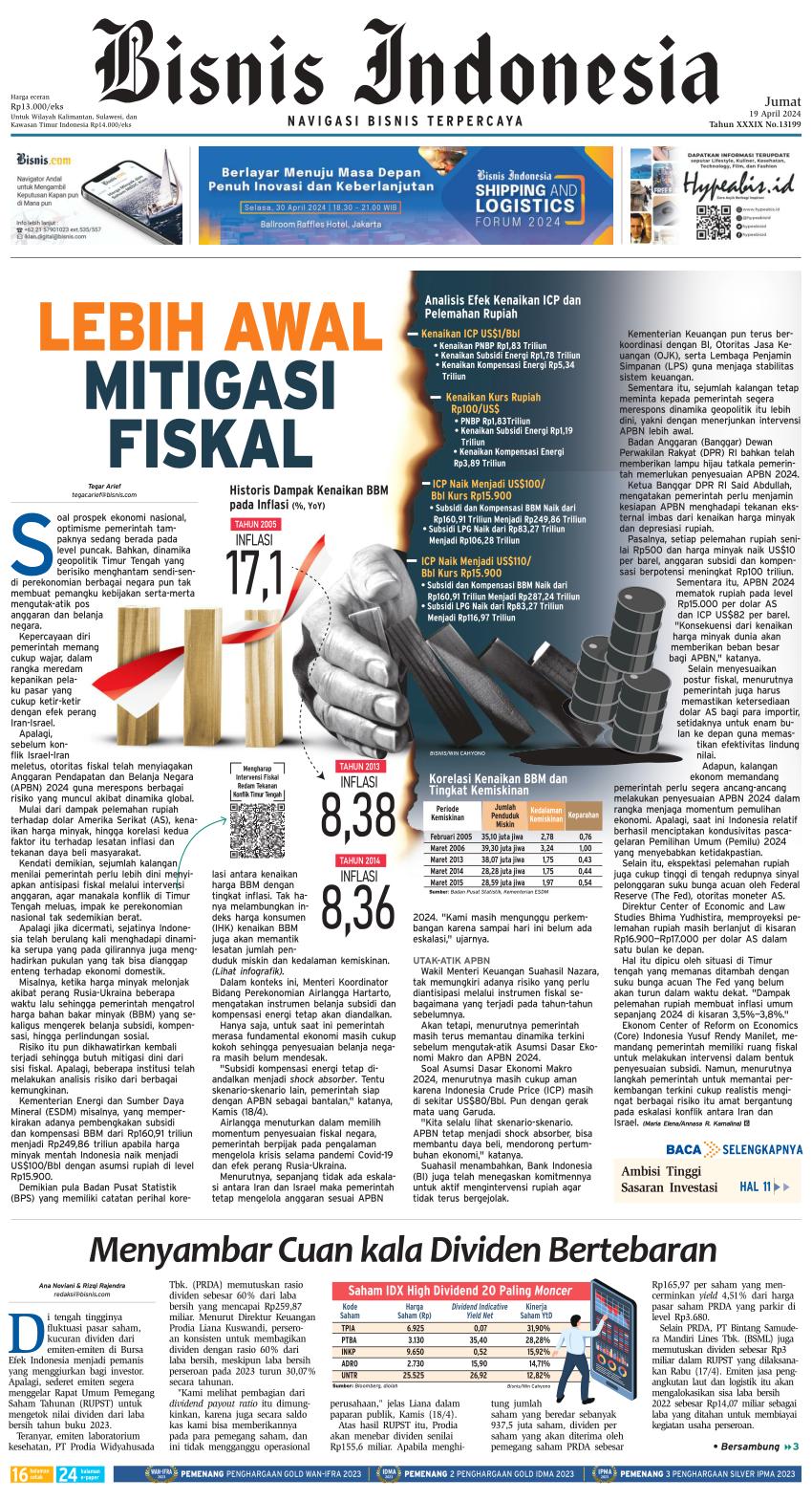 Daftar Judul Berita Koran Bisnis Indonesia Edisi 19 April 2024 - Dataindonesia.id